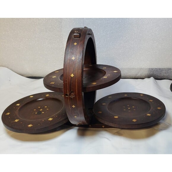 Kitchen | Vintage Teak Wood Inlaid Centerpiece Folding Tea Cake Tray ...